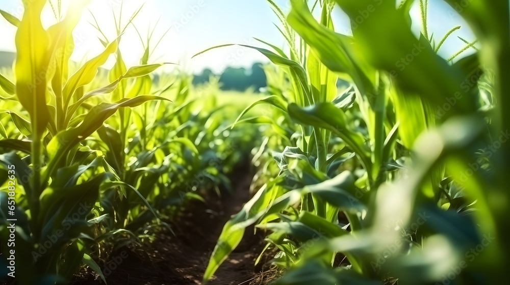Corn agriculture. Green nature. Rural field on farm land in summer ...