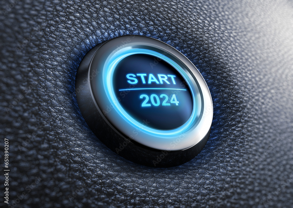 Blue illuminated start button year 2024 with white background - 3D ...