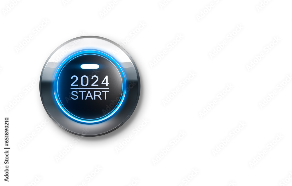 Blue illuminated start button year 2024 with white background - 3D ...