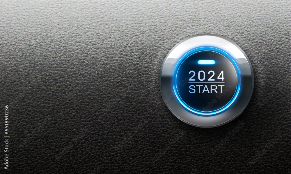 Blue illuminated start button year 2024 with white background - 3D ...