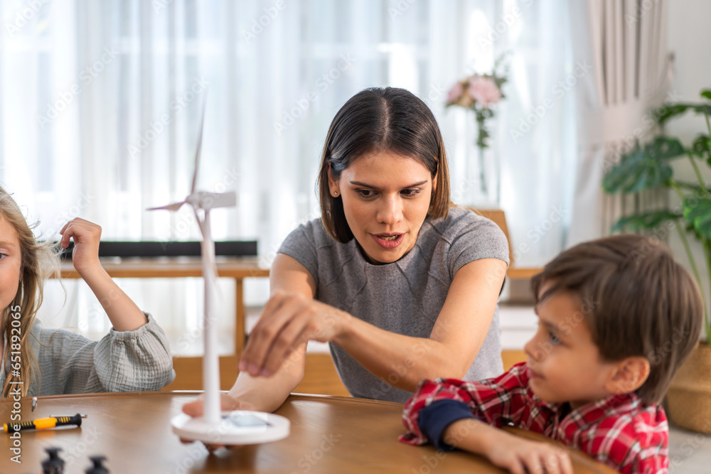Portrait happy teacher help school children student having fun activity ...
