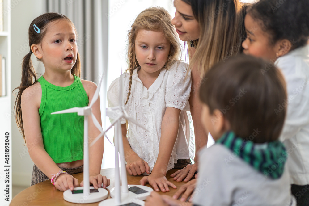 Portrait happy teacher help school children student having fun activity ...