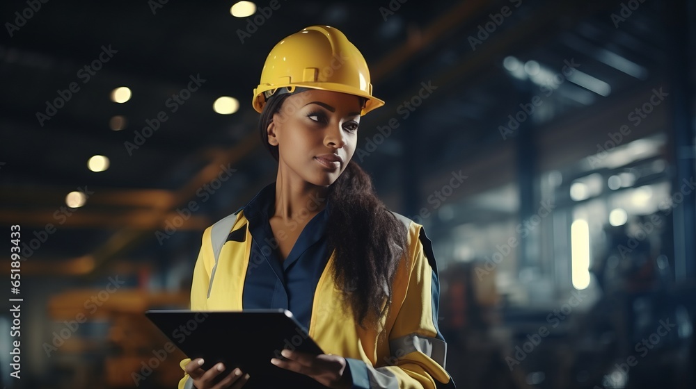 Civil engineer woman with black skin wearing uniform and hard hat ...