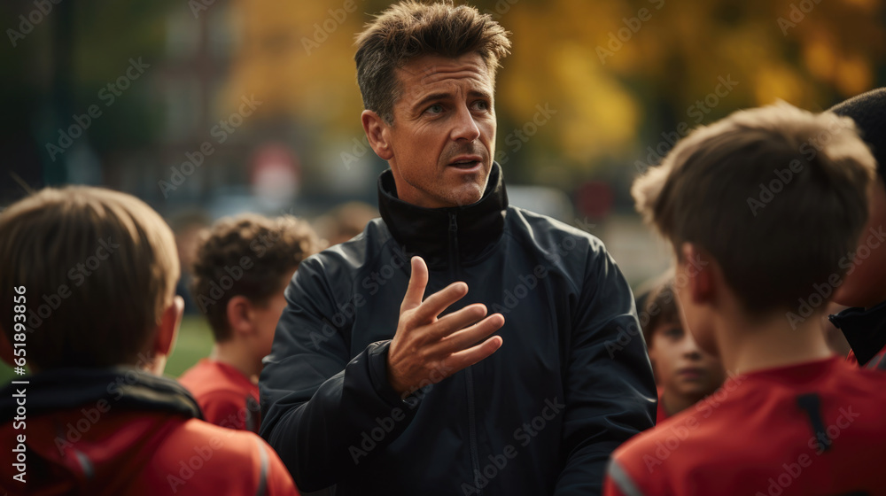 A dedicated football coach instructing a group of young players on ...