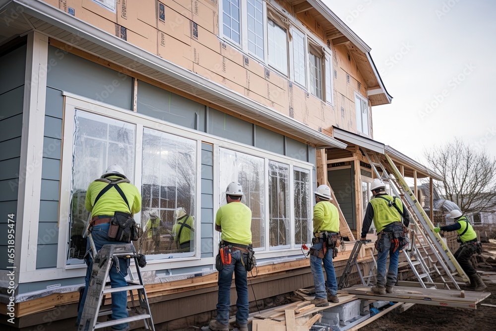 Foto de Builders building a new wooden. Builders building a new wooden ...