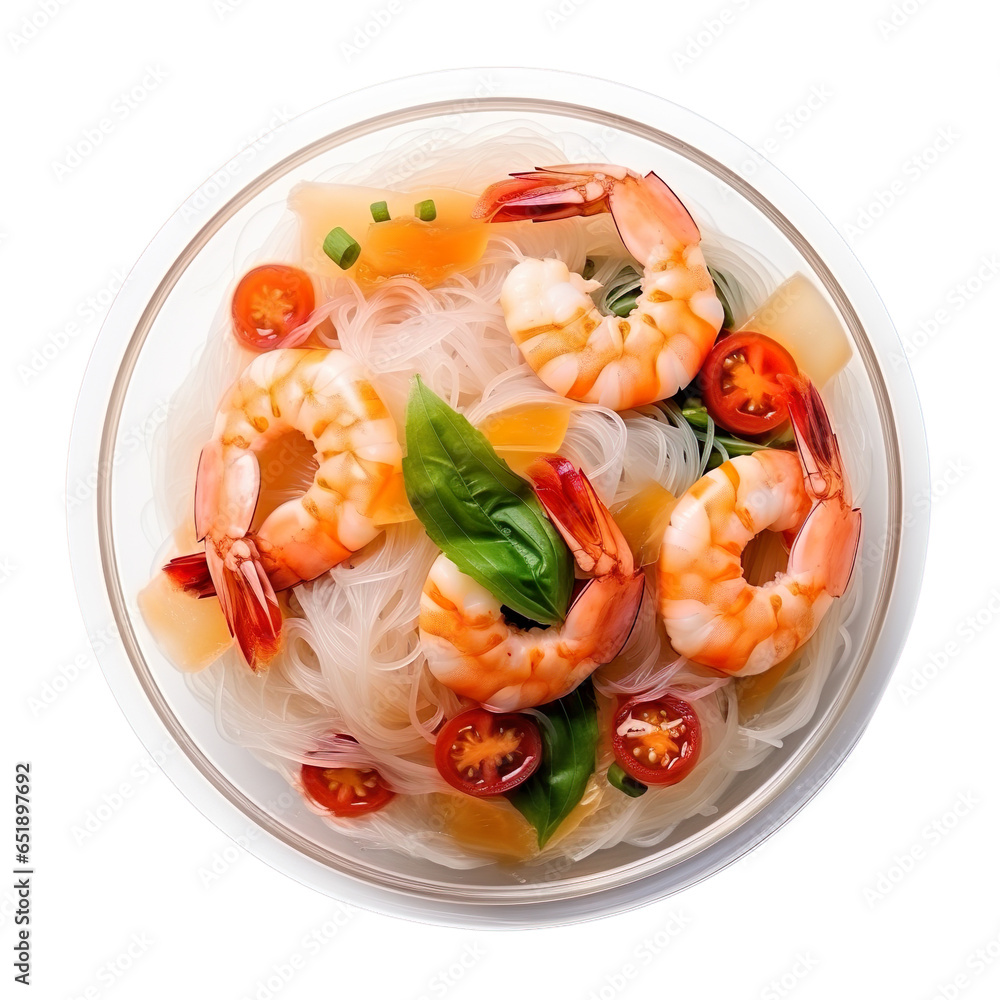 Top view of Thai food Goong Ob Woon Sen (Glass Noodles with Shrimp ...