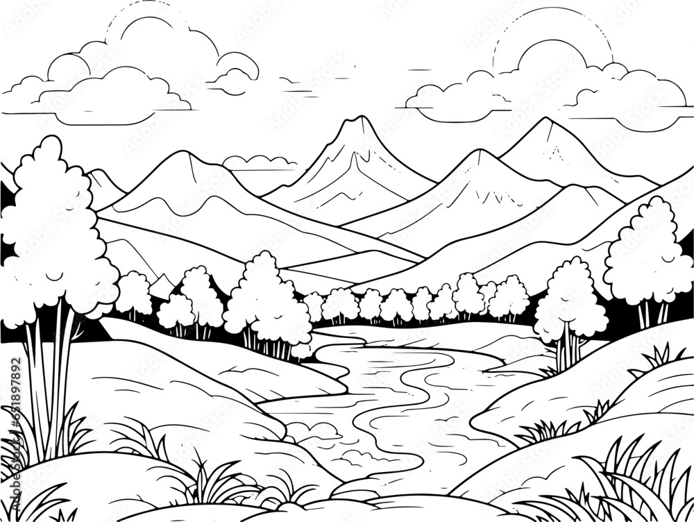 coloring page landscape for kids Stock Vector | Adobe Stock