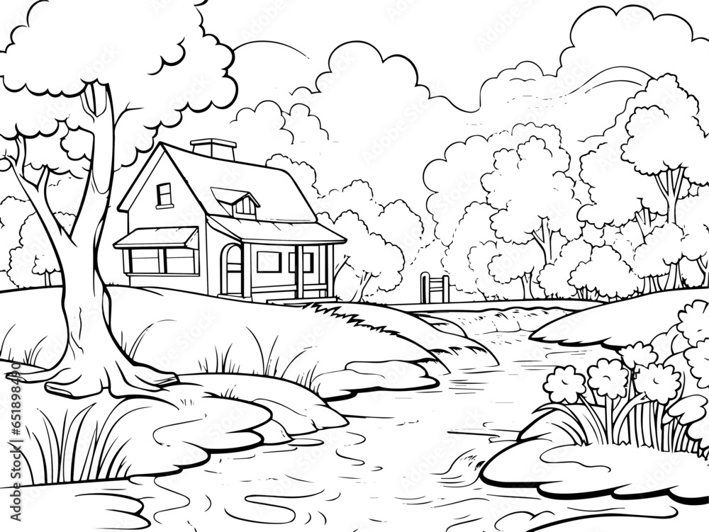 coloring page landscape for kids Stock Vector | Adobe Stock