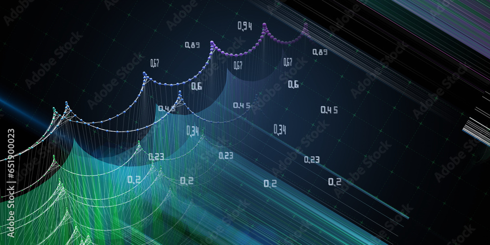 Abstract background waving wireframe grid from color spheres and ...