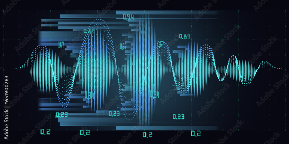 Abstract background with blue sound wave and data lines on dark ...