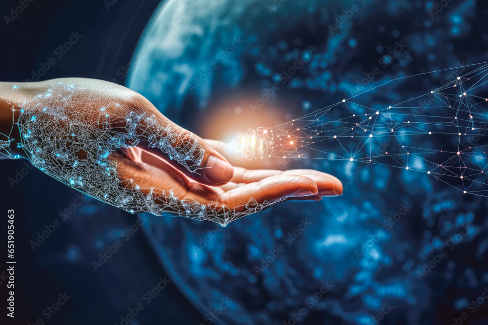 Distant civilization meet humans. Handshake, hand touch,pastel color ...