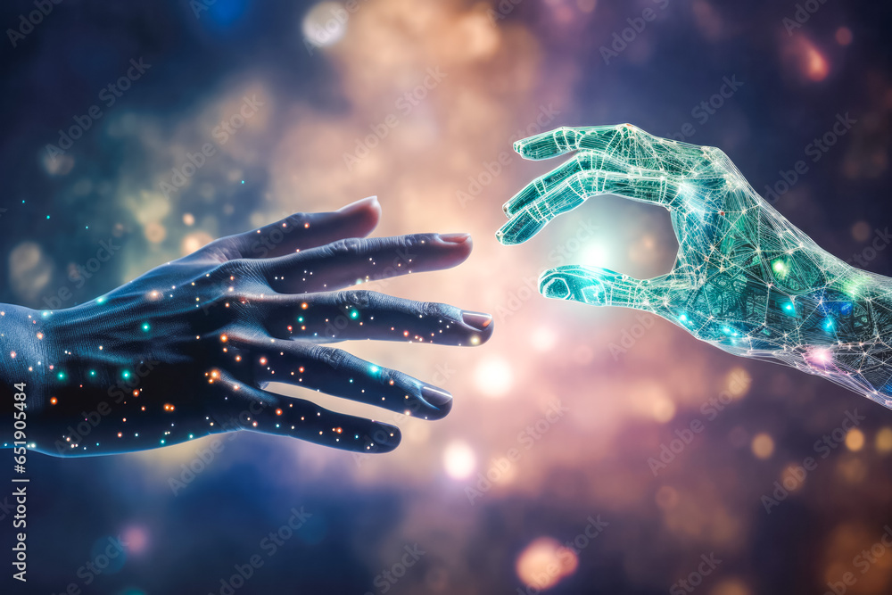 Distant civilization meet humans. Handshake, hand touch,pastel color ...