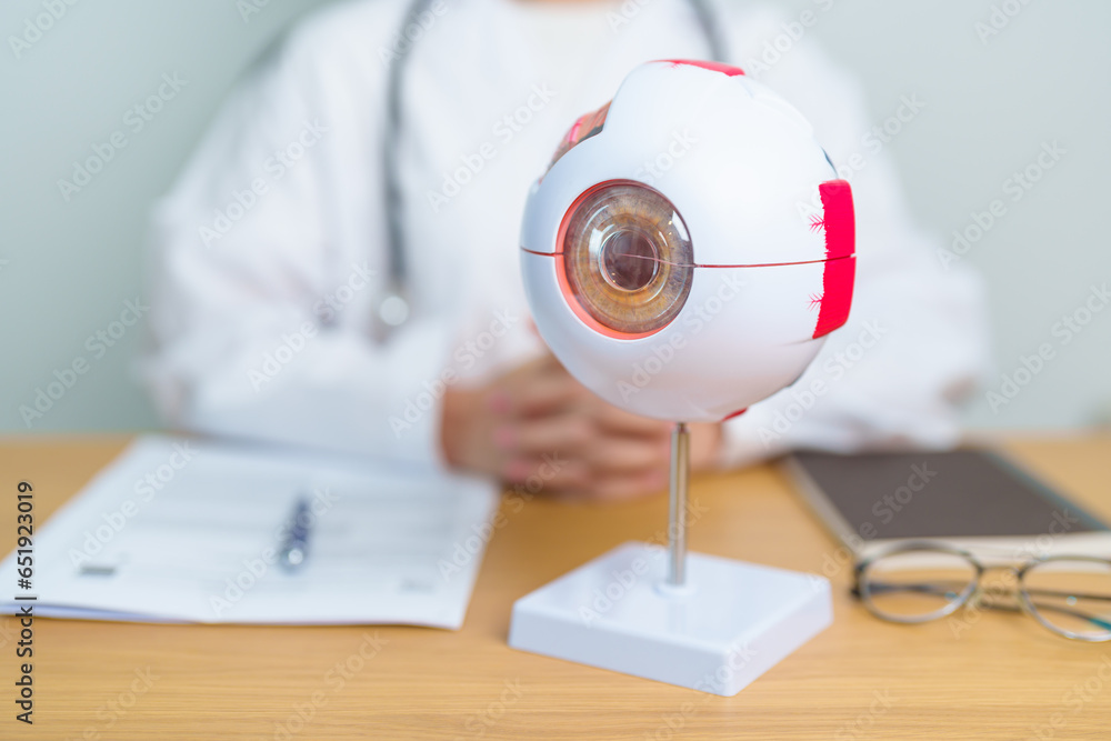 Doctor with human Eye anatomy model with magnifying glass. Eye disease ...