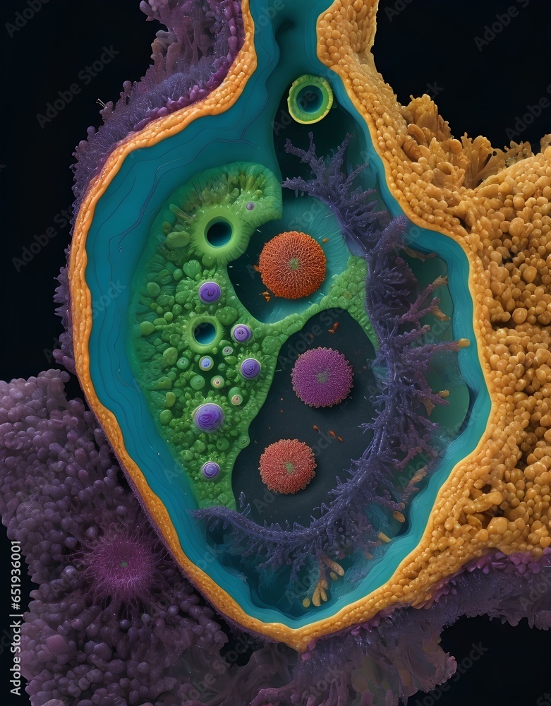 A 3D rendering of a cross-section of a plant cell. The cell wall, cell ...