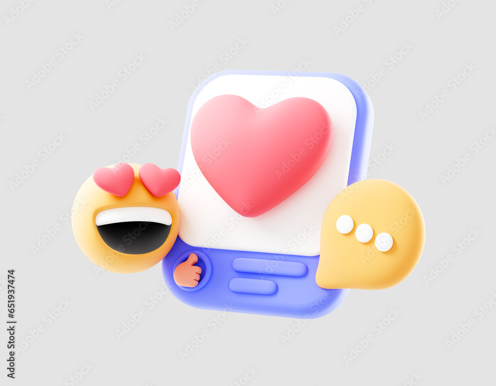 3D Social media photos frame with emoji, heart and comment. online ...