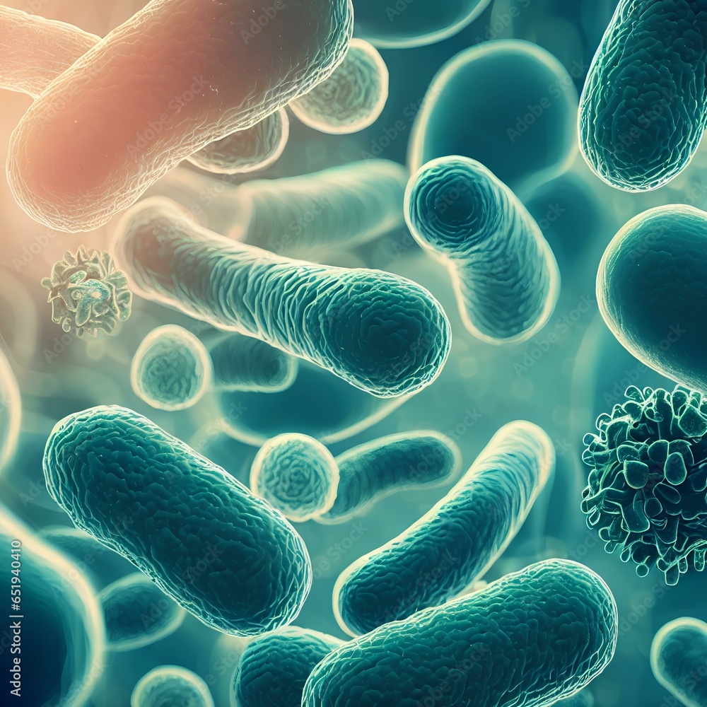 A 3D rendering of bacteria cells in a blue-green color. The bacteria ...