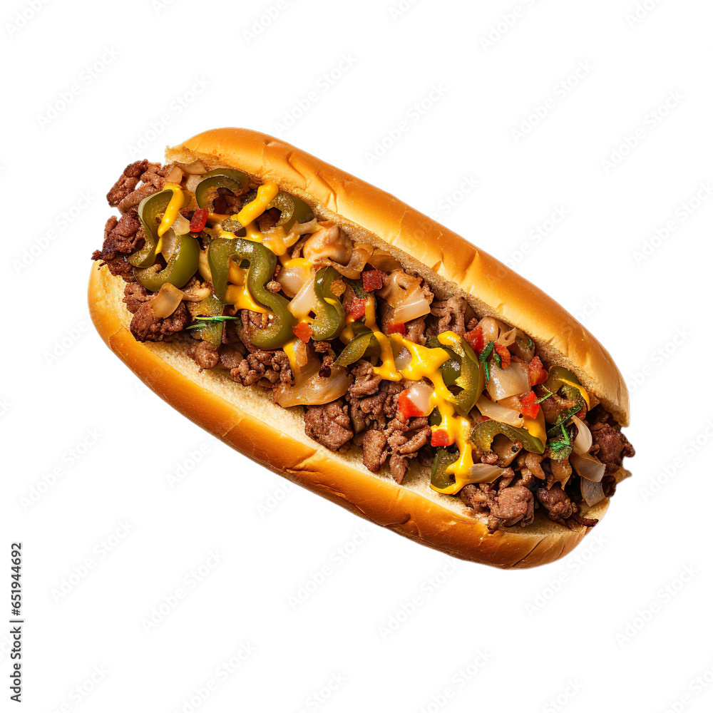 Top view of American food Philly Cheesesteak isolated on a white ...