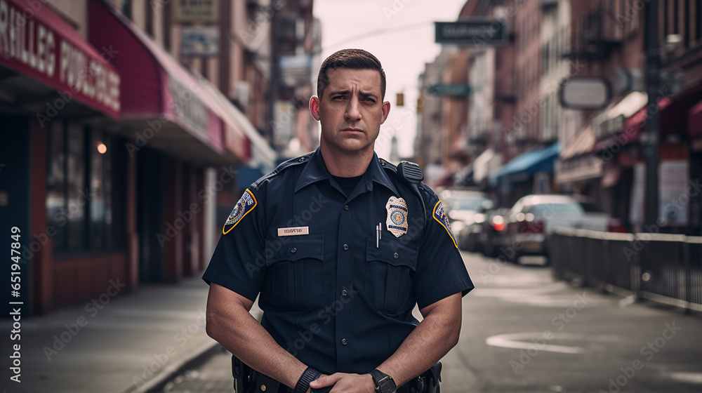 American male police officer in uniform standing in an empty barricaded ...