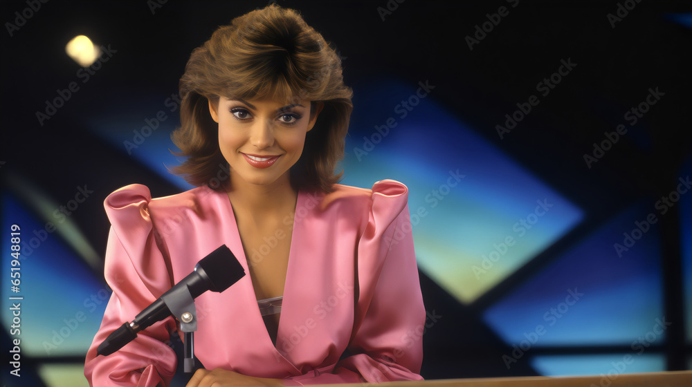 retro female news anchor in studio in the 80s wearing pink puffy dress ...