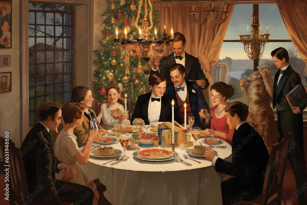 family dinner with many menus and antique room decorations, paintings ...