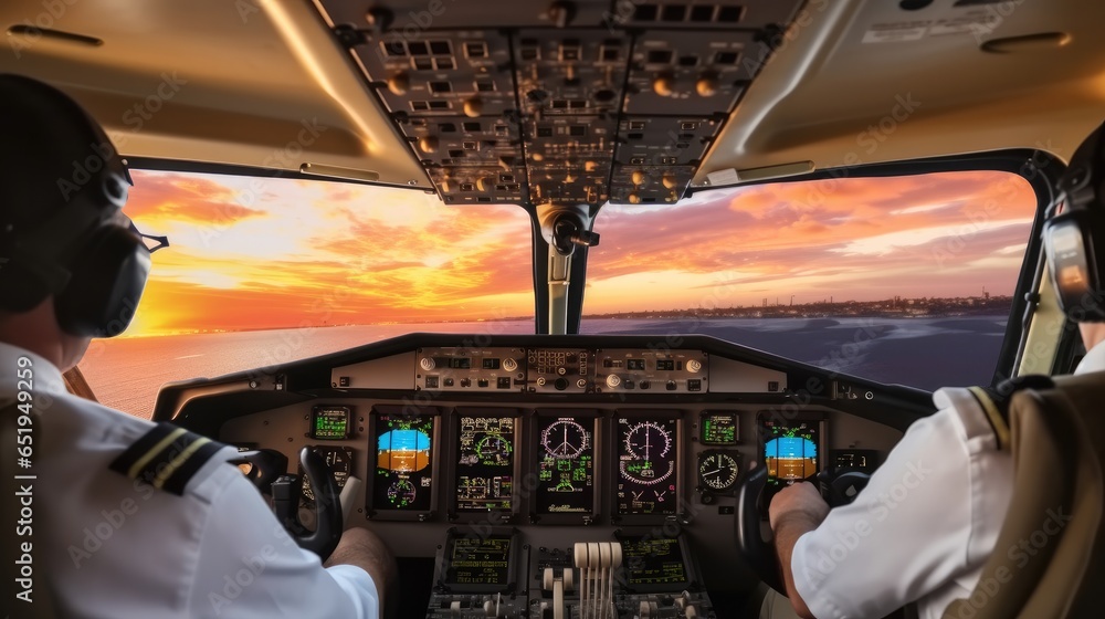 Two pilots in the cockpit of a modern passenger jet aircraft. Stock ...