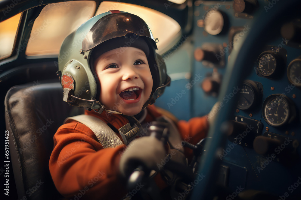 Happy kid dressed as an airplane pilot in the cockpit of an airplane ...