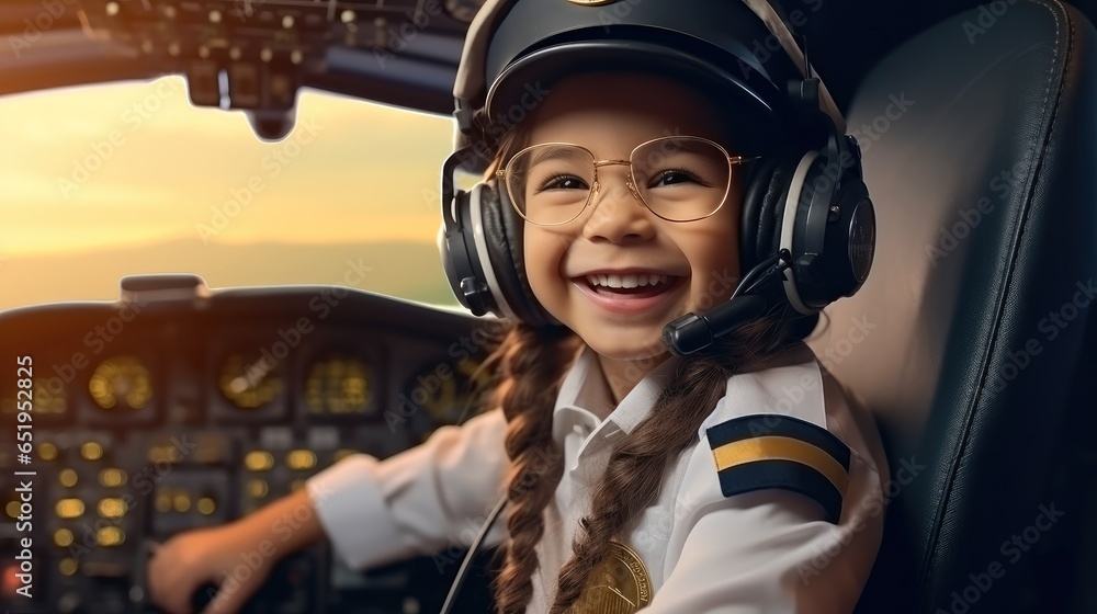 Happy little girl dressed as airline pilot in the cockpit of airliner ...