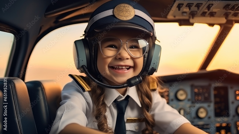 Happy little girl dressed as airline pilot in the cockpit of airliner ...