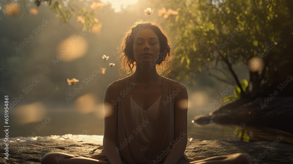 Young black woman meditating outdoors. Concept of inner peace, living a ...