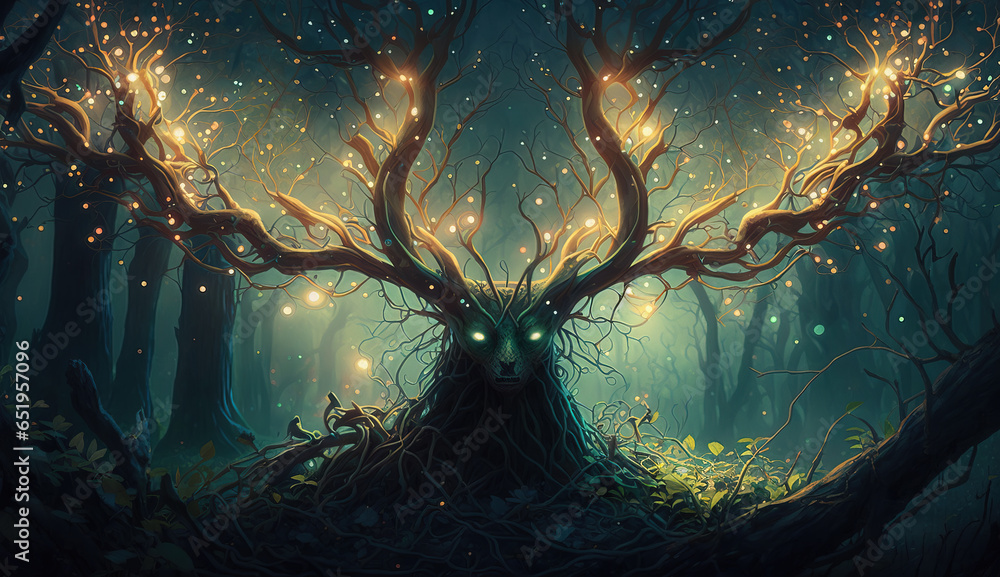 Powerful spirit of nature with glowing antlers, in the magical forest ...