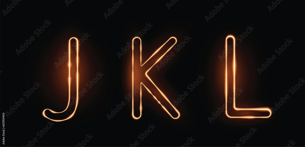 Three letters JKL drawn with a fiery line with sparks on a dark ...