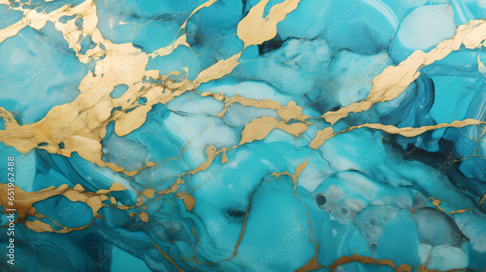 Abstract turquoise marble texture with golden lines on glossy surface ...