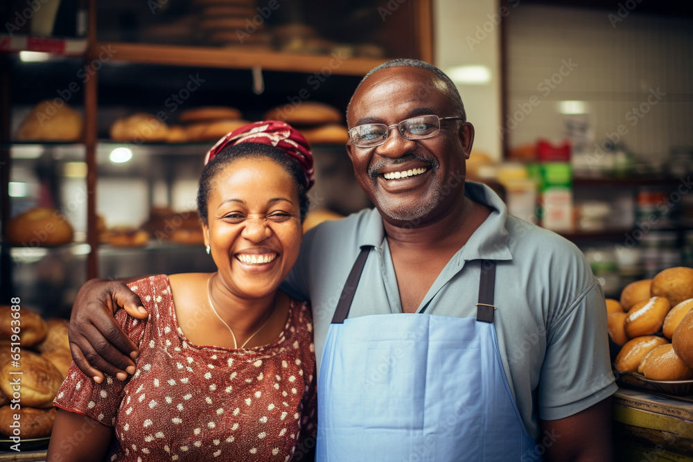 Happy smiling old African entrepreneurs with baked goods, small bakery ...