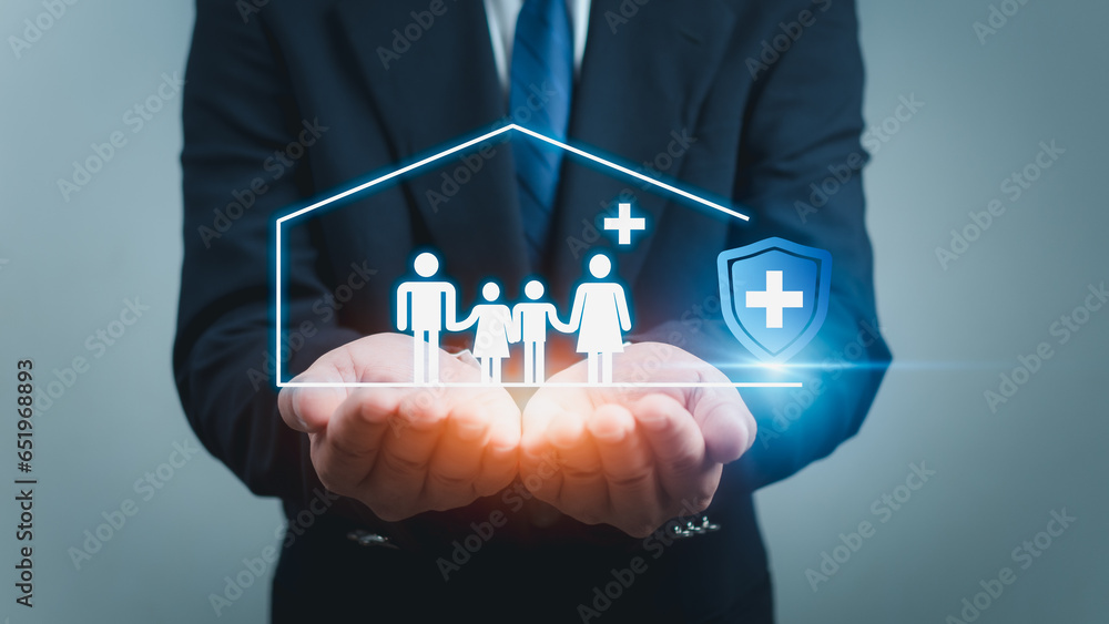 Concept of health insurance and medical benefits. Businessman showing ...