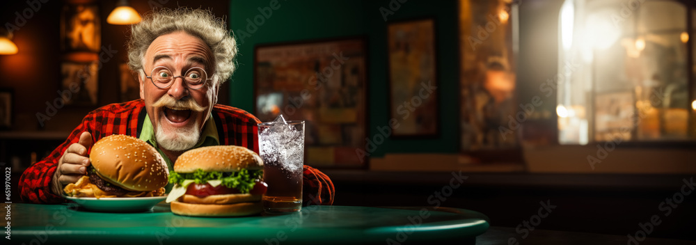 Elderly man savouring a burger meal at a retro diner isolated on a ...