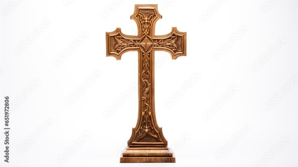 Gold coloured metal russian three bar orthodox cross isolated on white ...