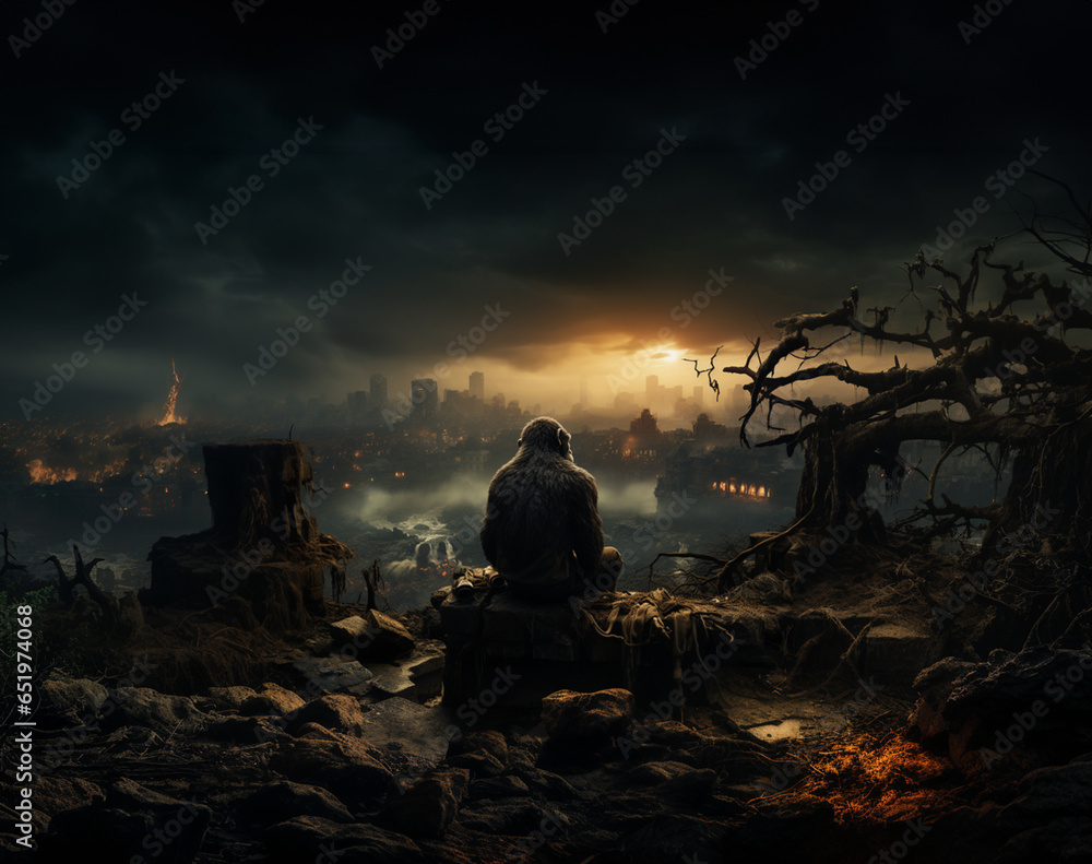 An ape observes the apocalyptic city after a human disaster foto de ...