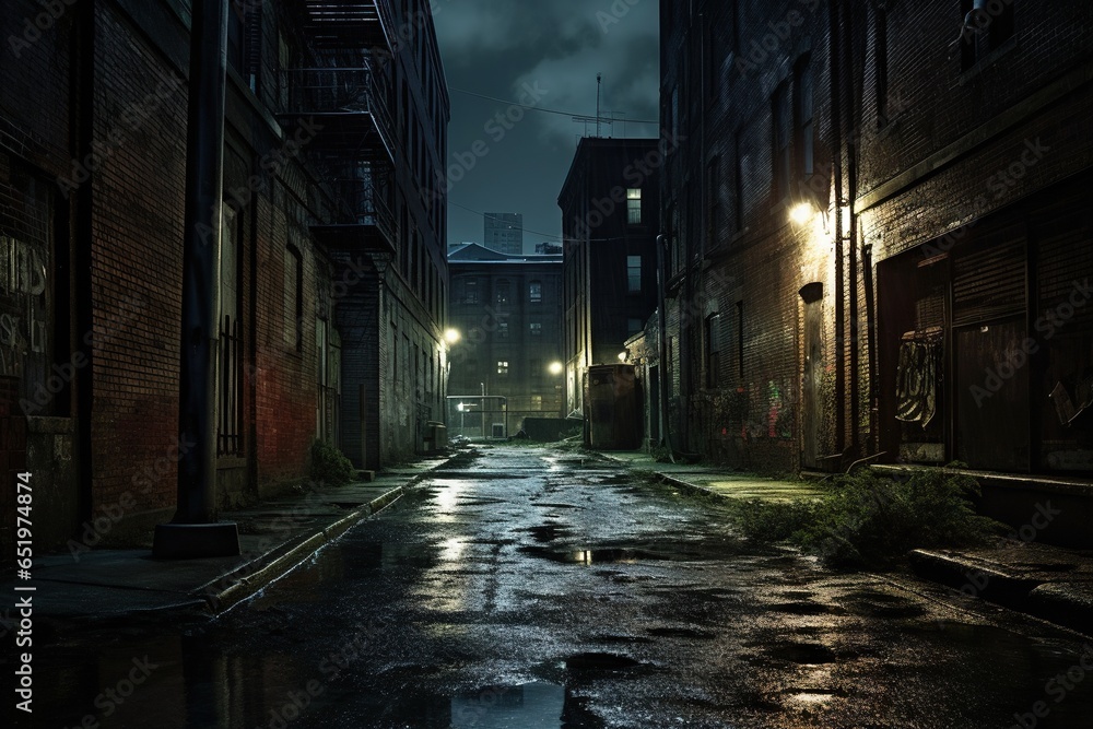 Dark downtown back alley at night after raining. Urban back street with ...