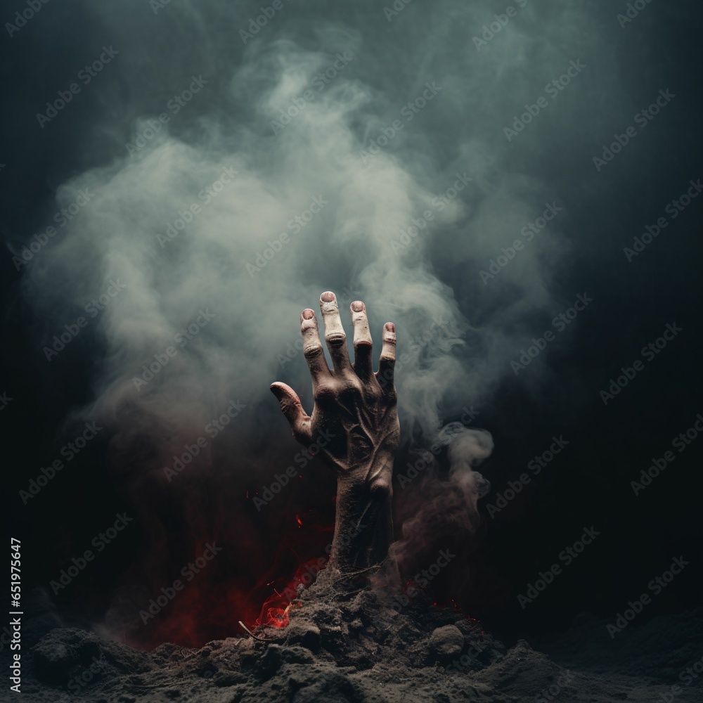 Spooky zombie hand rising out from the ground with smoke and black ...