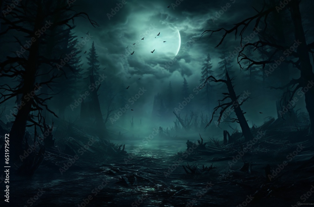 Creepy landscape with full moon over the spruce trees of mystery night ...