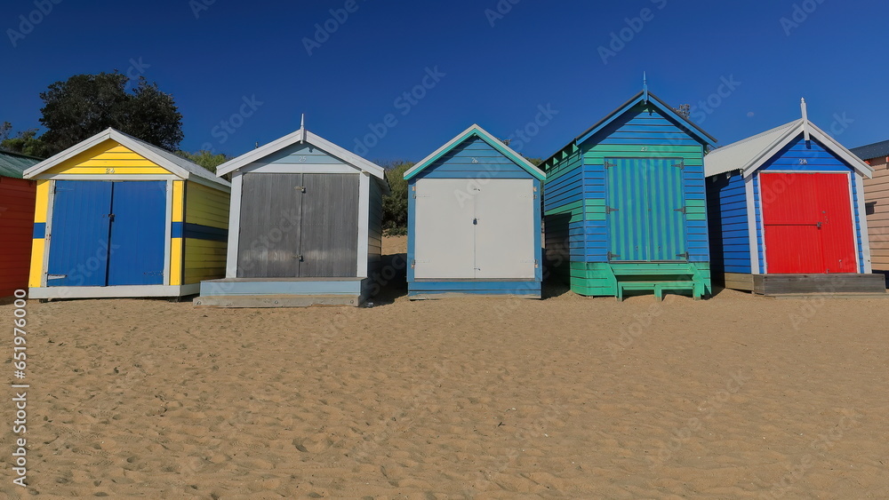 Partial row of the 82 brightly painted Victorian bathing boxes on Dendy ...