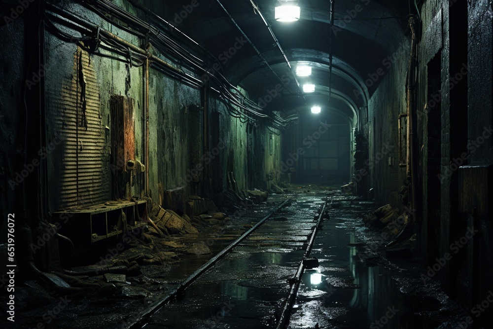 Dark downtown back alley at night after raining. Urban back street with ...