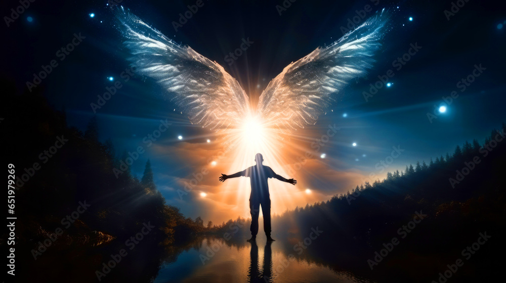 Angel, the messenger of God. Man spreading his arms under wings with a ...
