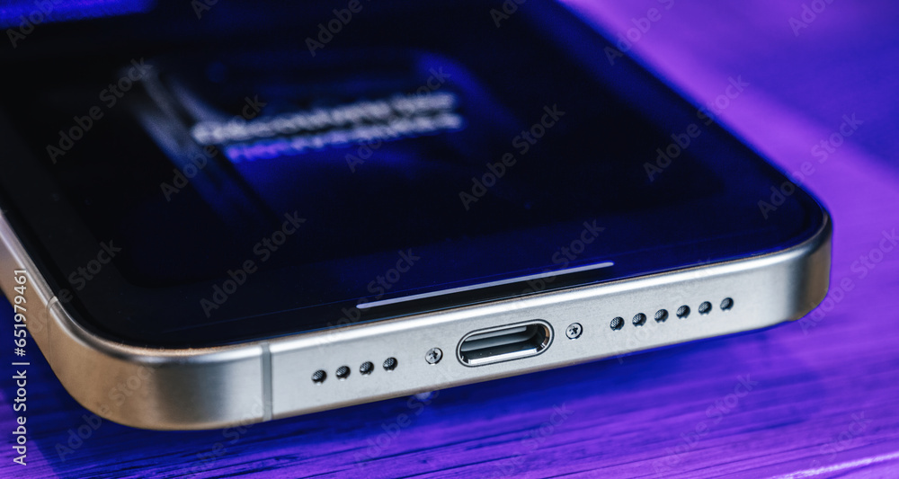 Paris, France - Sep 22, 2023: Close-up view of the USB-C port on the ...