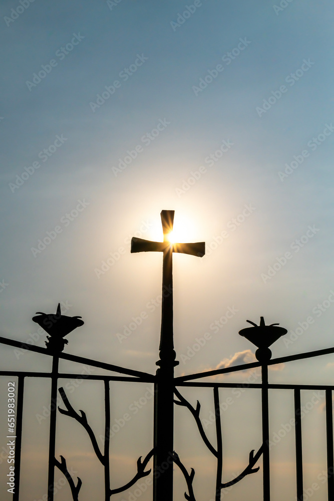 Cross with sun rays at the Church of the Beatitudes in Israel. Stock ...