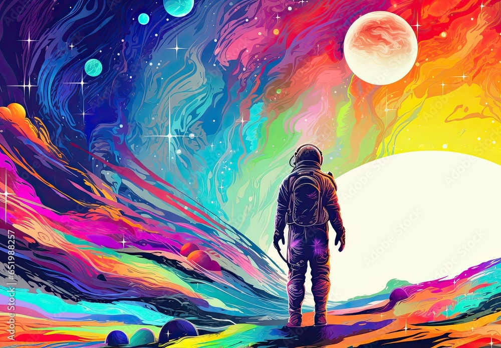 A drawing of an astronaut taking steps on another planet. An explorer ...
