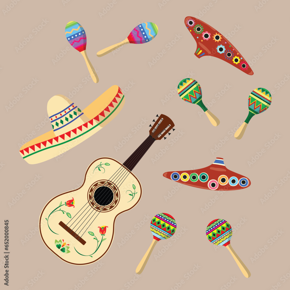 Vetor de Set of Mexican traditional instruments flat vector in cartoon ...