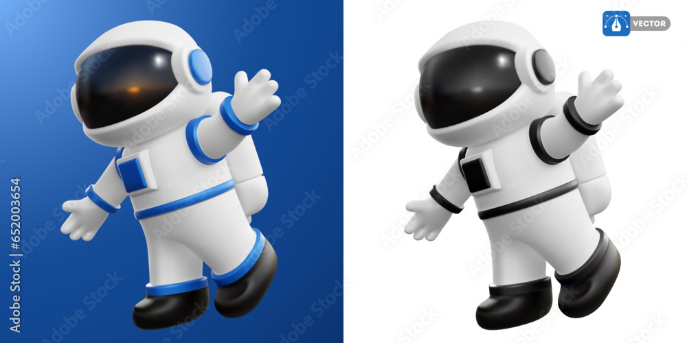 Astronaut in white blue and white black space suit with helmet. Shows a ...