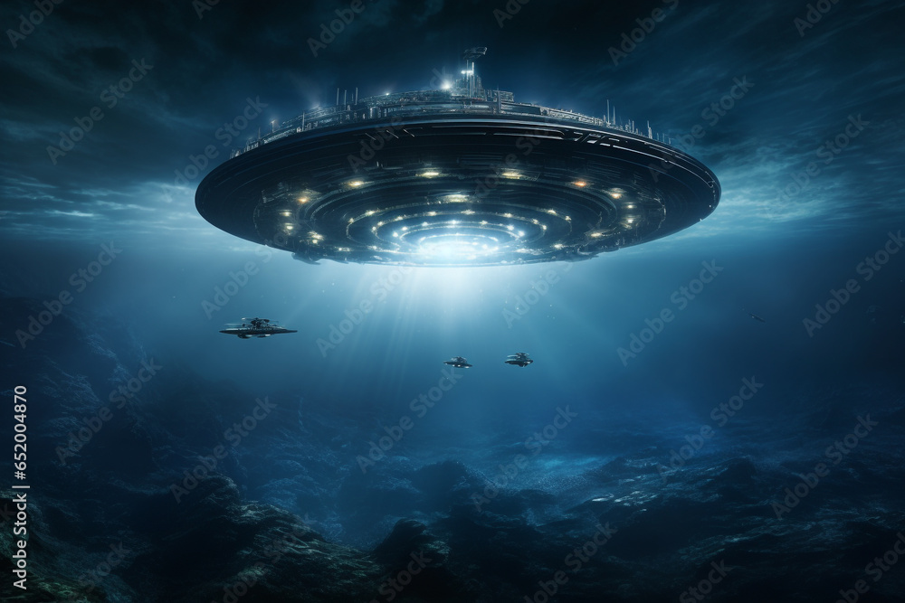 Sci-fi and fantasy concept. UFO and extraterrestrial ship swimming in ...