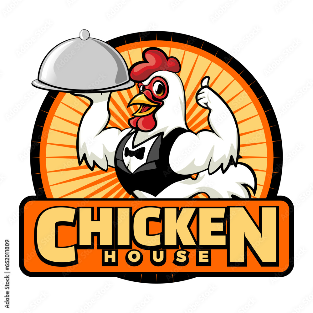 the chicken mascot logo is serving dishes in neat and cool clothes in a ...